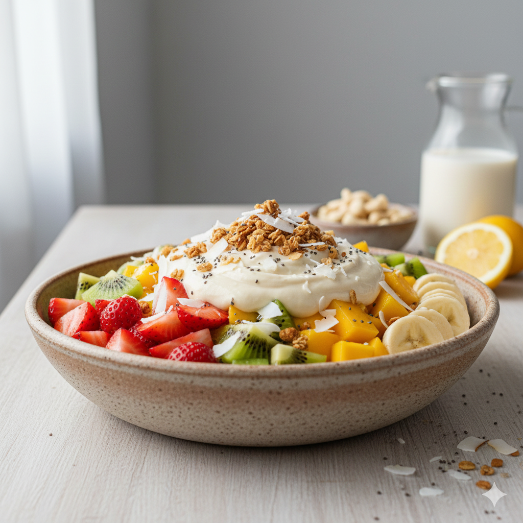 Receta para bowl de frutas con crema vegetal de anacardos - MILK AWAY